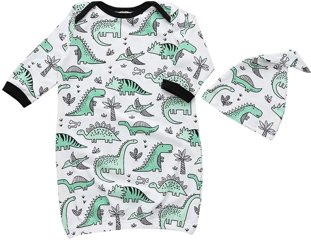 Unisex Baby Wearable Blanket with Hat Cap Cotton Sleeping Bag 2 Pcs Long Sleeve Nightgowns (Dinosaur, 0-6M)
