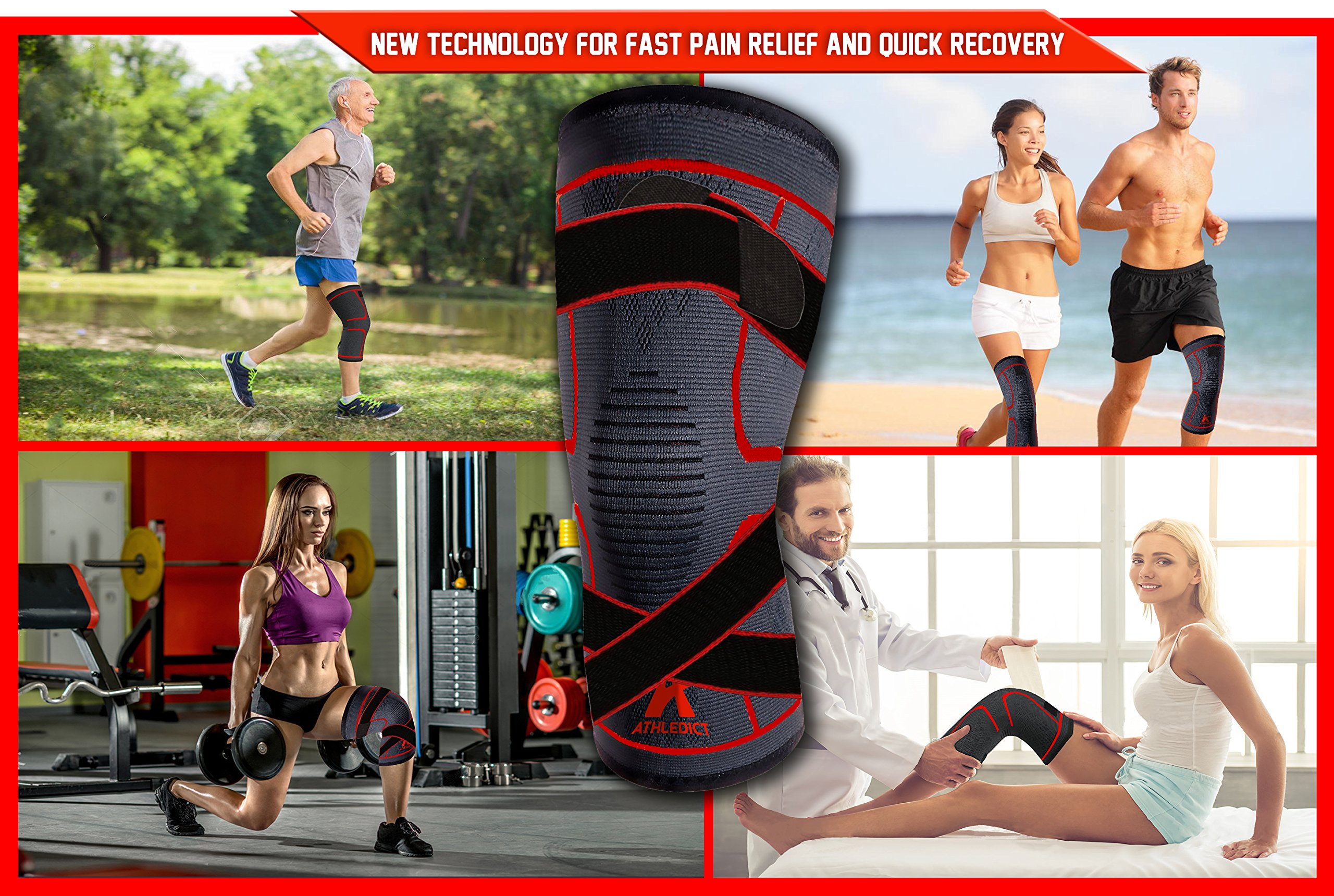 ATHLEDICT Knee Brace Compression Sleeve with Strap for Best Support & Pain Relief for Meniscus Tear, Arthritis, Running, Basketball, MCL, Jogging, Post Surgery Recovery for Men & Women, L