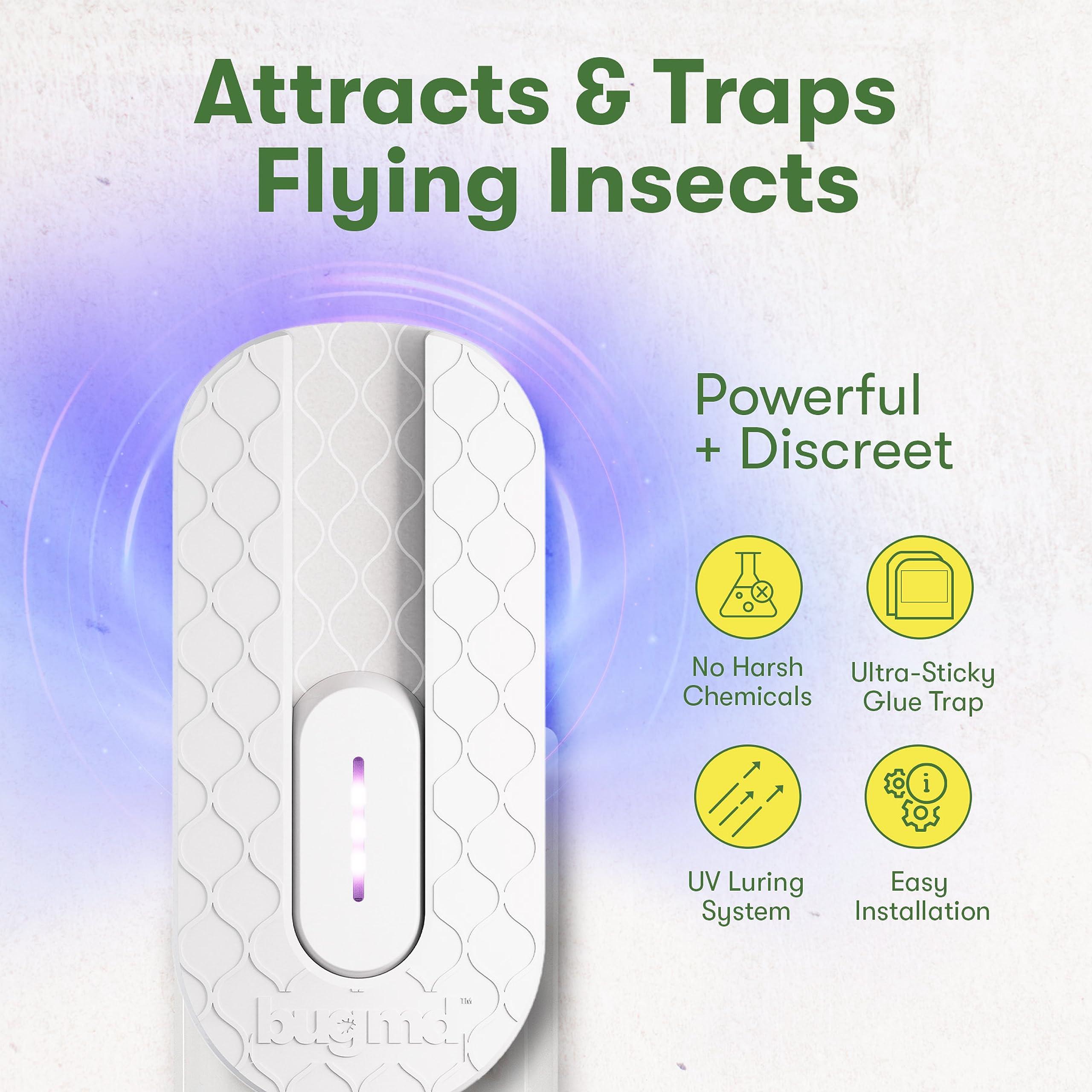 BugMD No Buzz Zone - Flying Insect Trap Catcher Indoor Fly Safer Home Fruit Traps for Gnat Moth Mosquito Bug Light Plug in Killer Refillable Uv Zapper Flea Inside and Indoors