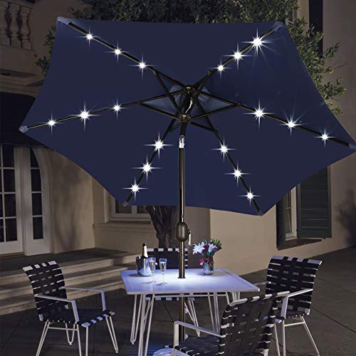 Blissun 7.5 ft Solar Umbrella 18 LED Lighted Patio Umbrella Table Market Umbrella with Tilt and Crank Outdoor Umbrella for Garden, Deck, Backyard, Pool and Beach (Navy Blue)