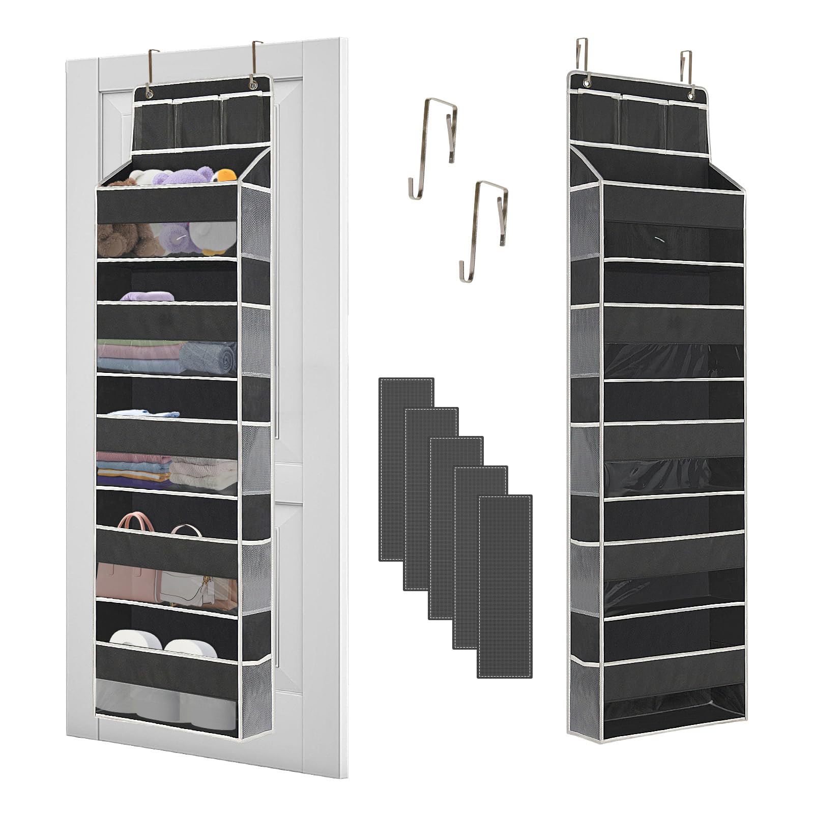 clbutge Over The Door Organizer, 5 Shelf Clear Hanging Storage with 5 Large Pockets 10 Mesh Side and 3 PVC Pockets, Heavy Duty Baby Organization for Pantry, Nursery, Bedroom, Stuffed Toys (Black)