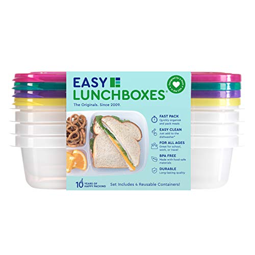 EasyLunchboxes® - Bento Lunch Boxes - Reusable 3-Compartment Food Containers for School, Work, and Travel, Set of 4 (Brights)