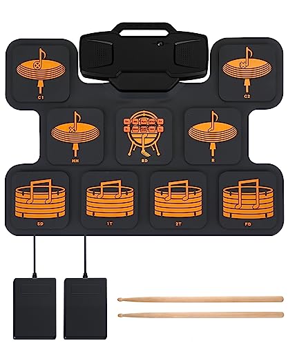 Asmuse Electronic Drum Set, Portable Digital Roll-Up Drum Practice Pad,2000mAh Rechargeable 9 Pads 2 Pedals with Built-in Dual Speakers Christmas& Birthday Gift