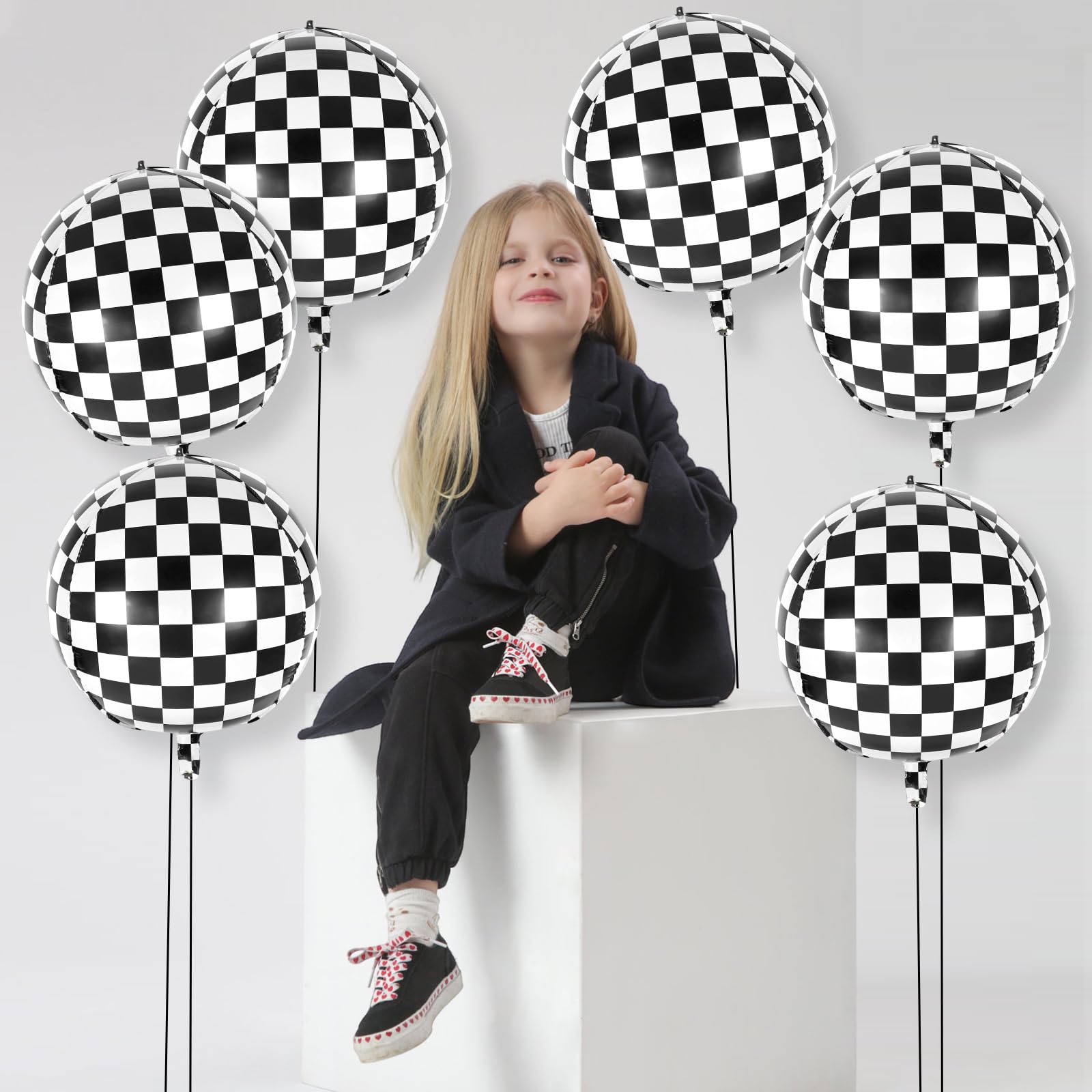 Checkered Balloons, 22 Inch Checkered Round Foil Balloons, 6 Pcs Black and White Checkerboard Mylar Sphere Balloons for Race Car Birthday Party Decorations Supplies