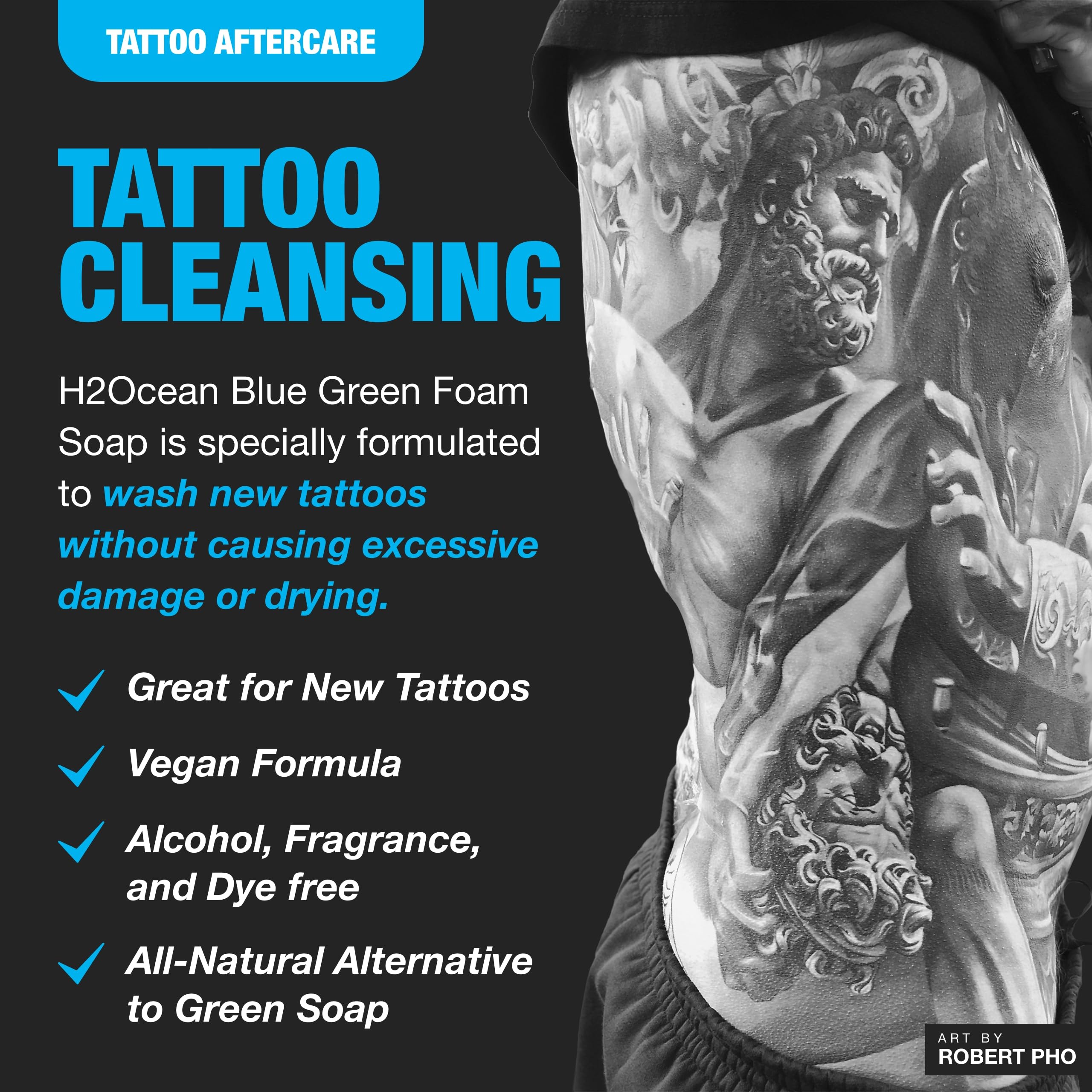 H2Ocean Blue Green Foam Soap - Tattoo Foam Antibacterial Soap for Tattoo Aftercare - Tattoo Care with Aloe Vera - Travel-Size Tattoo Moisturizer Soap - 1.7 oz
