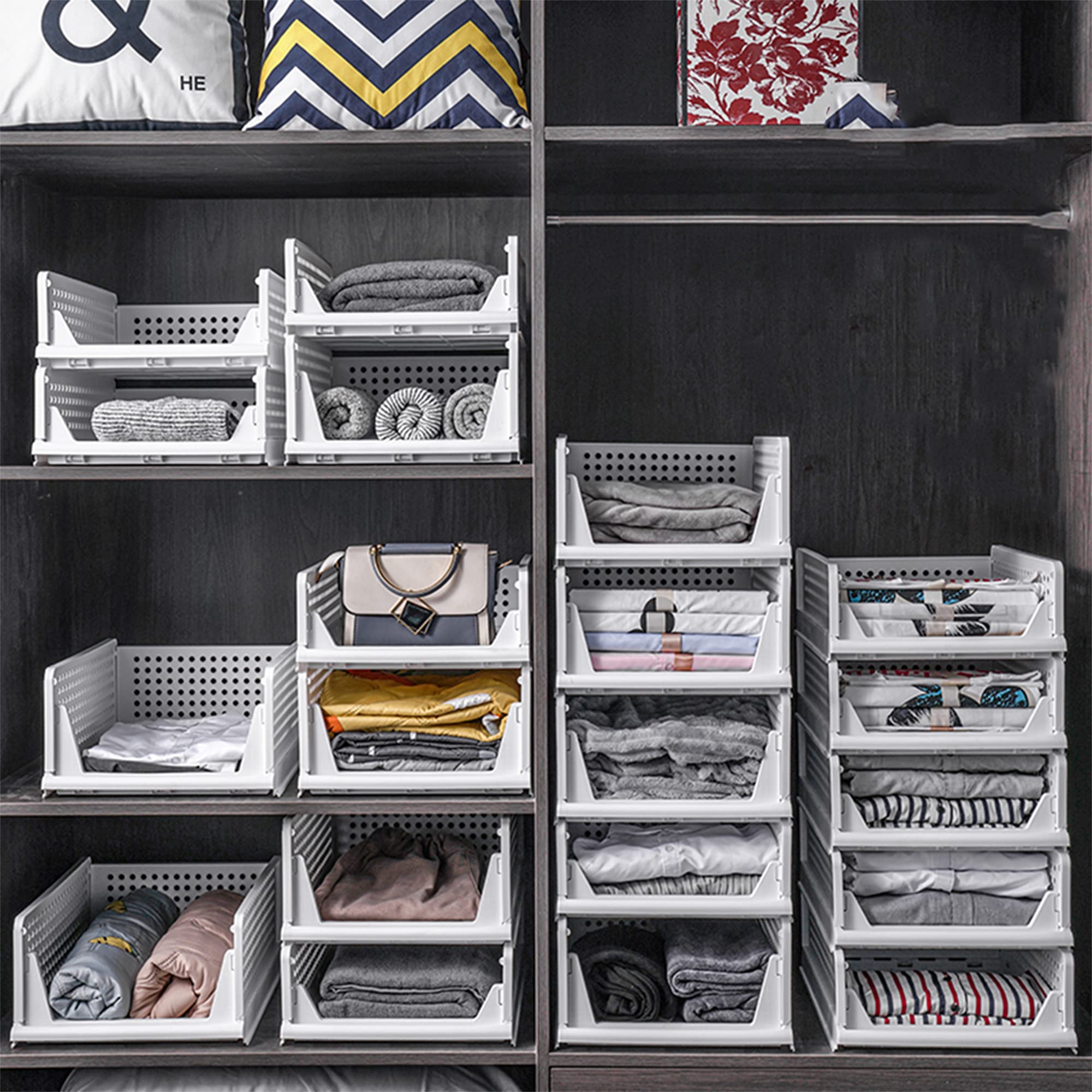 Folding and Stackable Storage Shelf | Foldable Drawer Organizer | Closet Wardrobe Organizer, Set of 4, White