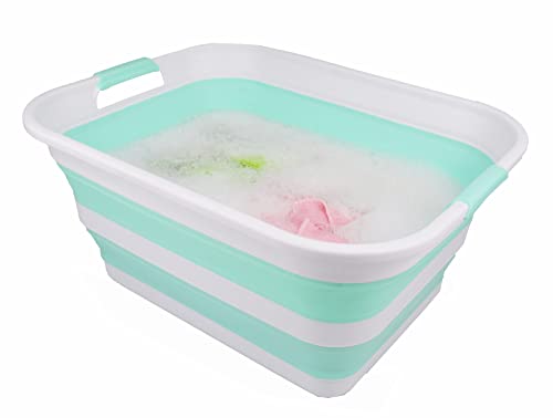 SAMMART 2 pcs Set : 42L (11 Gallon) Collapsible Plasic Laundry Basket & 9.2L (2.37 Gallon) Collapsible RectangularTub (Laundry Basket+Tub, Light Green+Bright Blue)