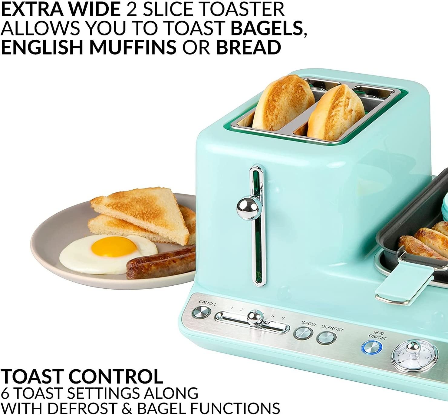 MONIK Classic Retro 3 in 1 Breakfast Station, 2 Wide Slot Toaster with Adjustable Bake Controls, 6 Capacity Egg Boiler
