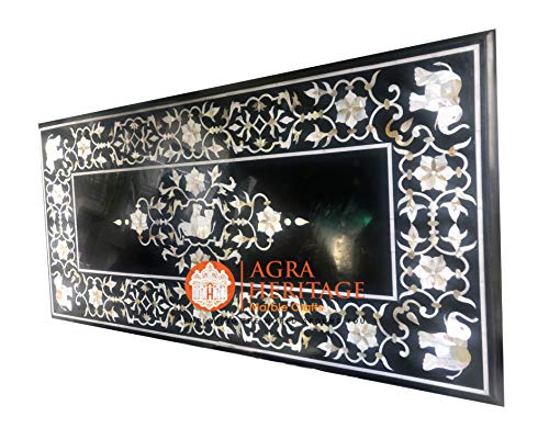 Black Marble Inlay Dining Table Top Mother of Pearl Precious Stone Design Decor