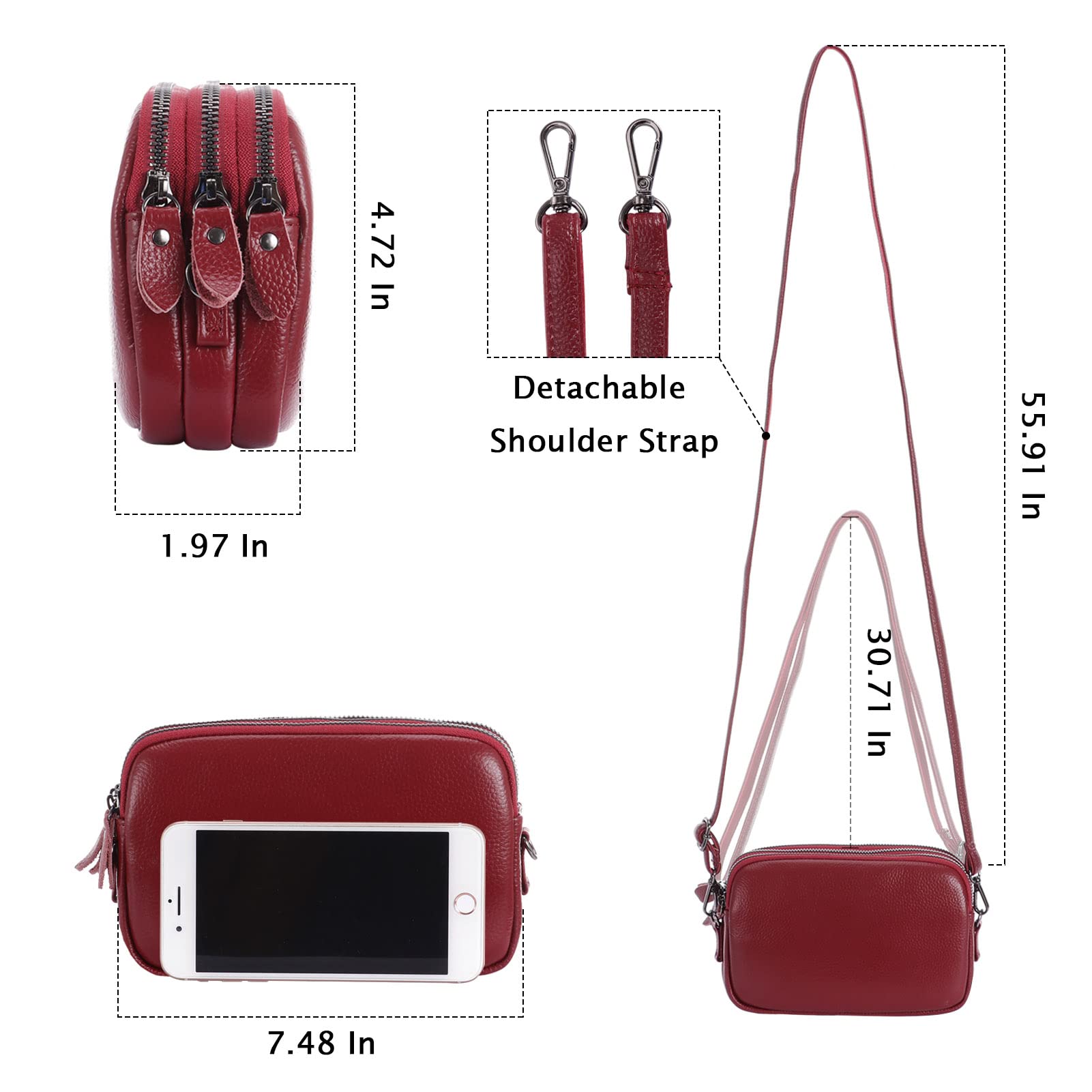 Phenas Leather CellPhone Purse Crossbody Shoulder Bags Medium Purse Multi Zipper Purses Handbag Wallet for Women