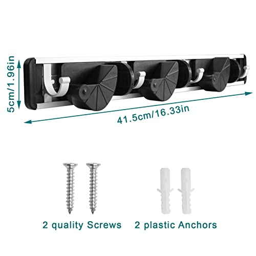 Broom Holder Wall Mount Sangle Sopffy Tool Organizer Broom Rack Anti-Slip Mop Organizer Garage Laundry Room Storage Mop and Broom Holder Wall Mount with 3 Positions 4 Hooks 16.4 inch (Black)