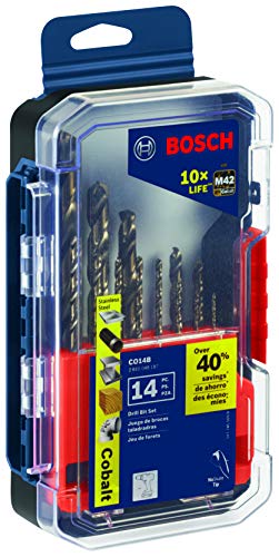 BOSCH CO14B 14-Piece Assorted Set with Included Case Cobalt M42 Metal Drill Bit with Three-Flat Shank for Drilling Applications in Stainless Steel, Cast Iron, Titanium, Light-Gauge Metal, Aluminum