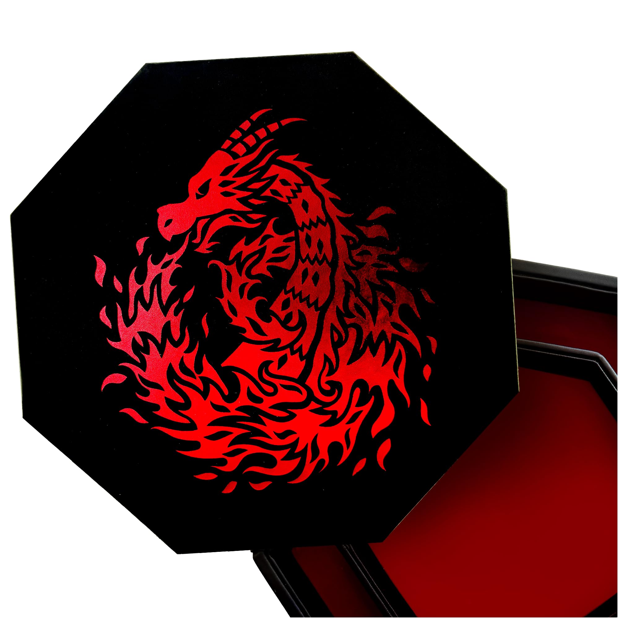 Fantasydice Red Fire Dragon Dice Tray with Lid β 9" Octagon with Dice Staging Area, Holds 5 Dice Sets β Perfect for D&D, Call of Cthulhu, Shadowrun, and All Tabletop RPGs