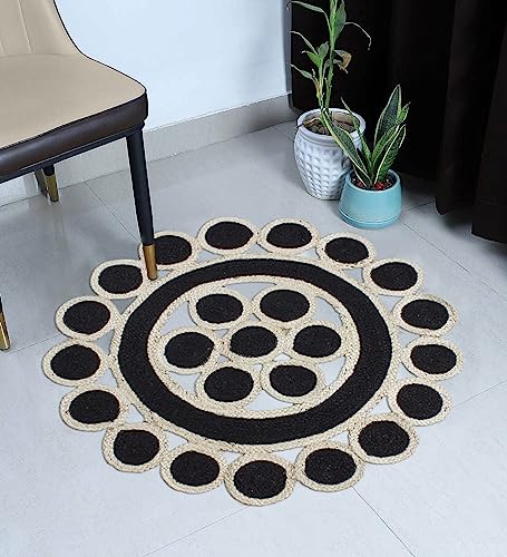 CASAVANI Cape Code Circle Area Rug - 6 x 6 Feet Beige Black Pattern Natural Jute Mat Ideal for High Traffic Area in Bedroom Bedside Round Dining Side Round Living Room Hallway and Kitchen Mat