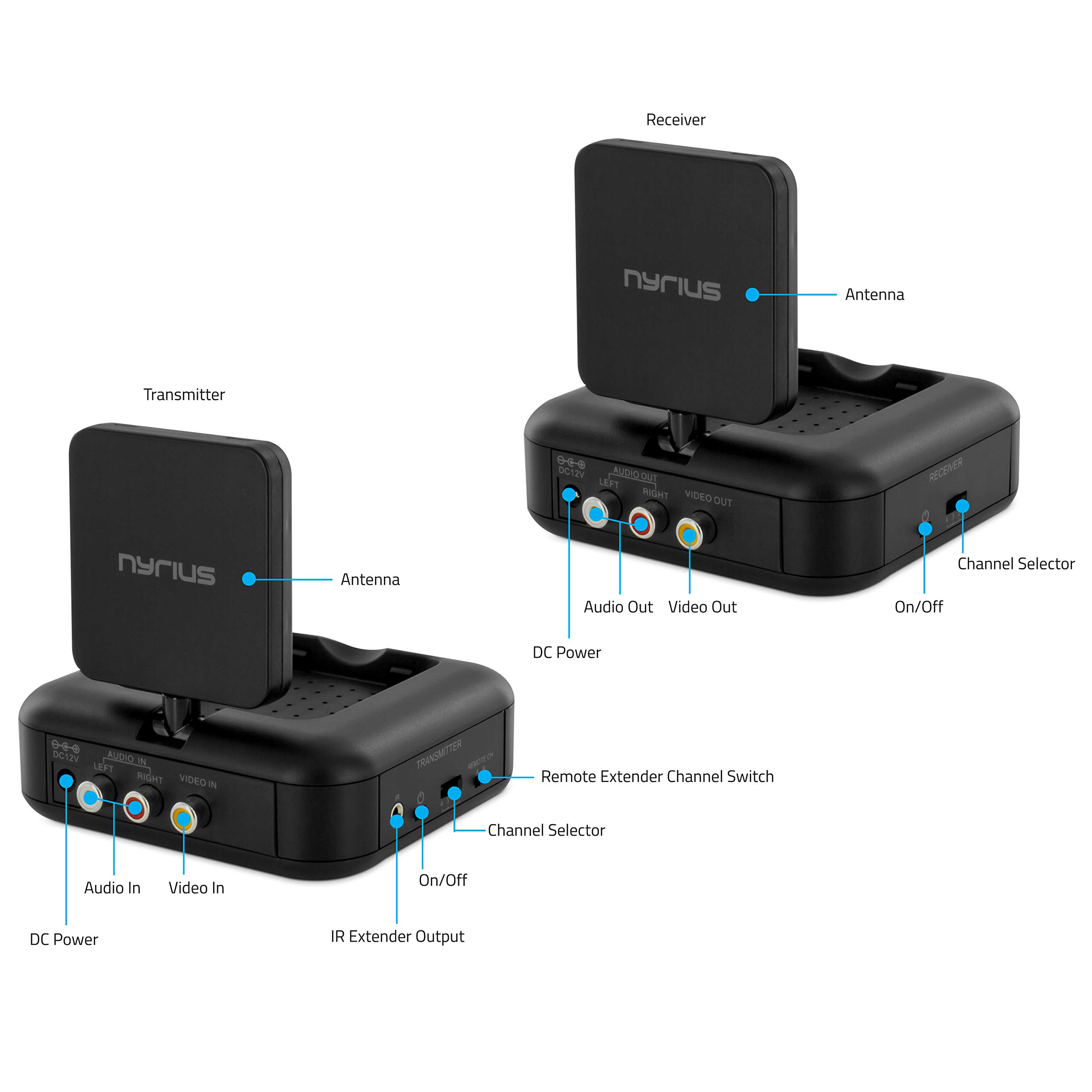 Nyrius 5.8GHz 4 Channel Wireless Video & Audio Transmitter & Receiver with IR Remote Extender for Streaming Cable, Satellite, DVD to TV Wirelessly (NY-GS10) for RCA Cable - Not Compatible with HDMI