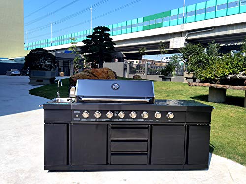 Black Stainless Steel 8 Burner 3 in 1 Island BBQ Outdoor Electric Grill Kitchen, Propane or Natural Gas, with Sink, Side Burner, LED Lights on Knobs, and Free Protective Grill Cover