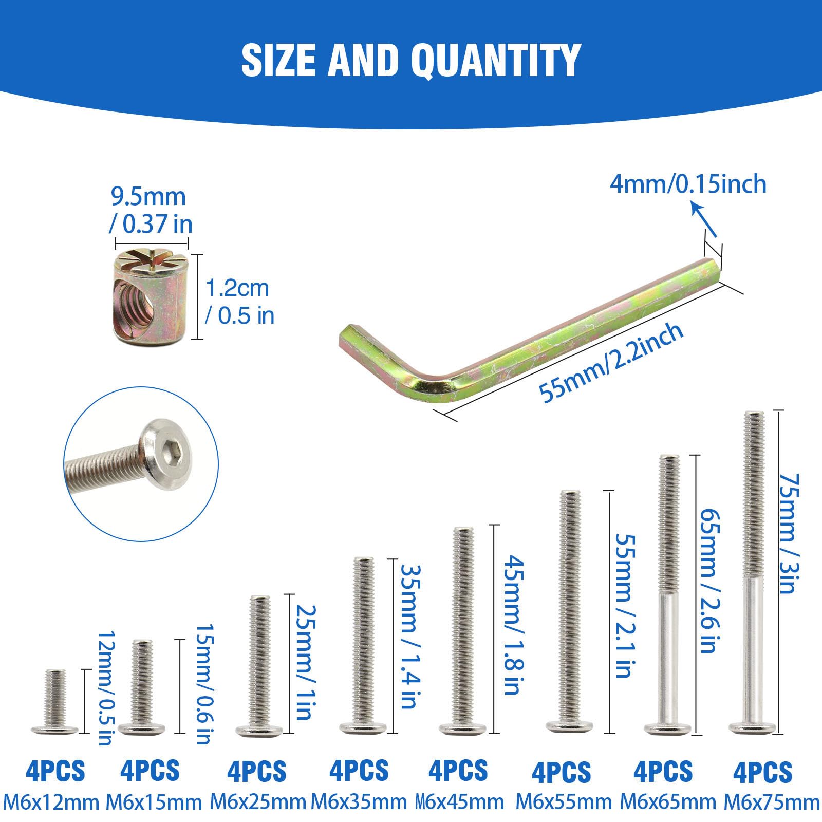 Socell 61pcs Crib Bunk Bed Furniture Hardware Replacement Kit, Stainless Steel Hex Drive Socket Cap Furniture Barrel Screws Bolt Nuts Assortment Kit for Crib Screws with 1 Wrenches(M6x12mm-75mm)