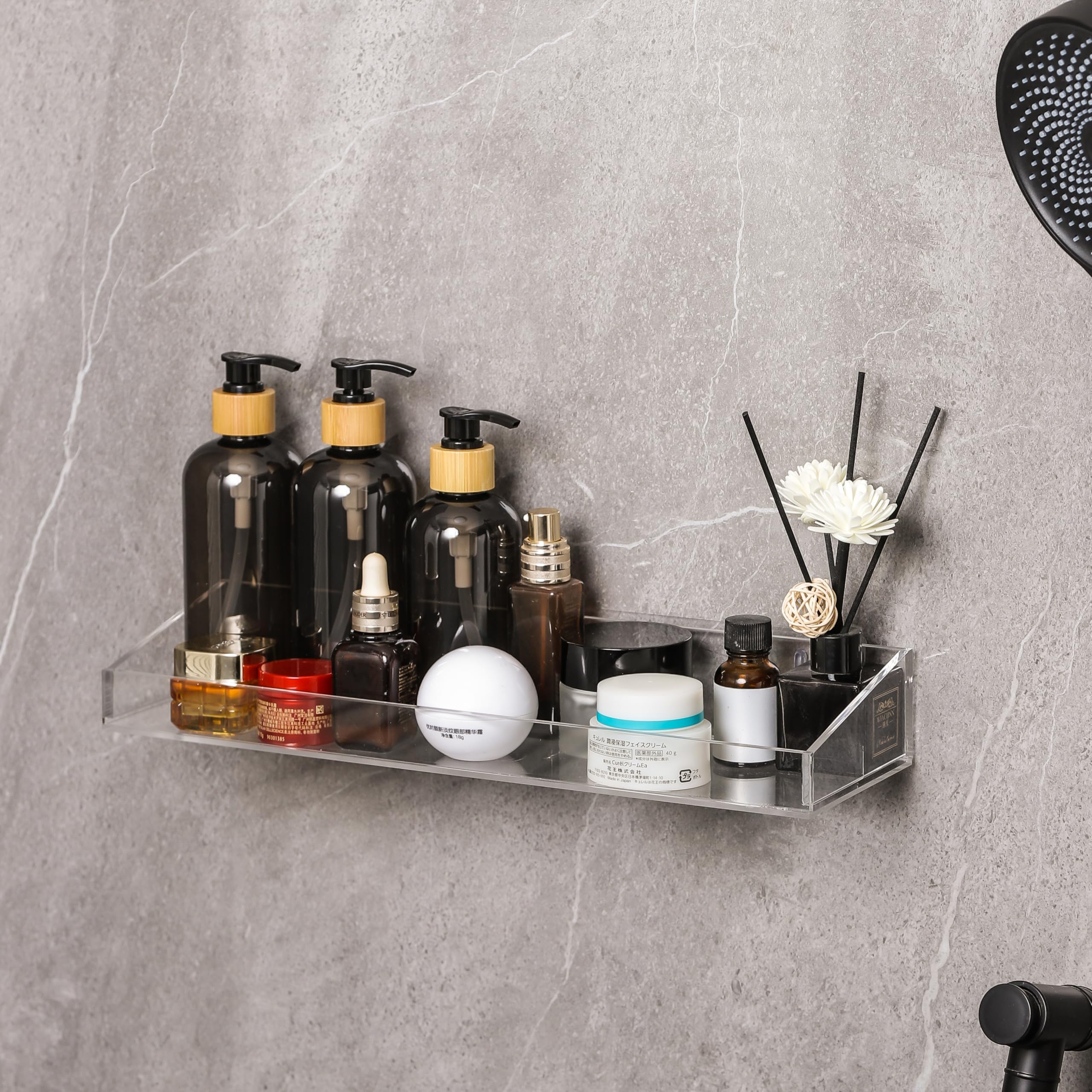 BLBYHO 2 Pack Acrylic Bathroom Shower Shelves Shower Caddy, 15" Clear Shower Organizer Floating Shelves Stick on for Bathroom Wall Mounted, Provide Adhesive Strips & Mounting Screws