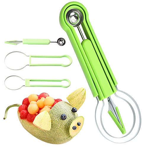 Esmartlife Melon Baller Scoop Set, Professional 4 In 1 Stainless Steel Fruit Carving Tools Knife Kit,Fruit Scooper Double Sided Melon Baller for Watermelon Ice Cream(Green)