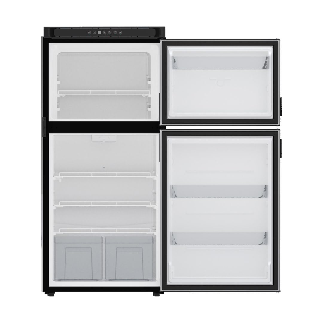 NORCOLD N8DCBKL Refrigerator; Dual Compartment 2 Door Refrigerator With Freezer; Left Hand Hinge/ Reversible To Right Hand Hinge; 8 Cubic Foot; 52-7/8 Inch Height x 23-1/2 Inch Width x 24 Inch Depth Cutout Dimensions; 5 Amp/ 12 Volt DC; DC