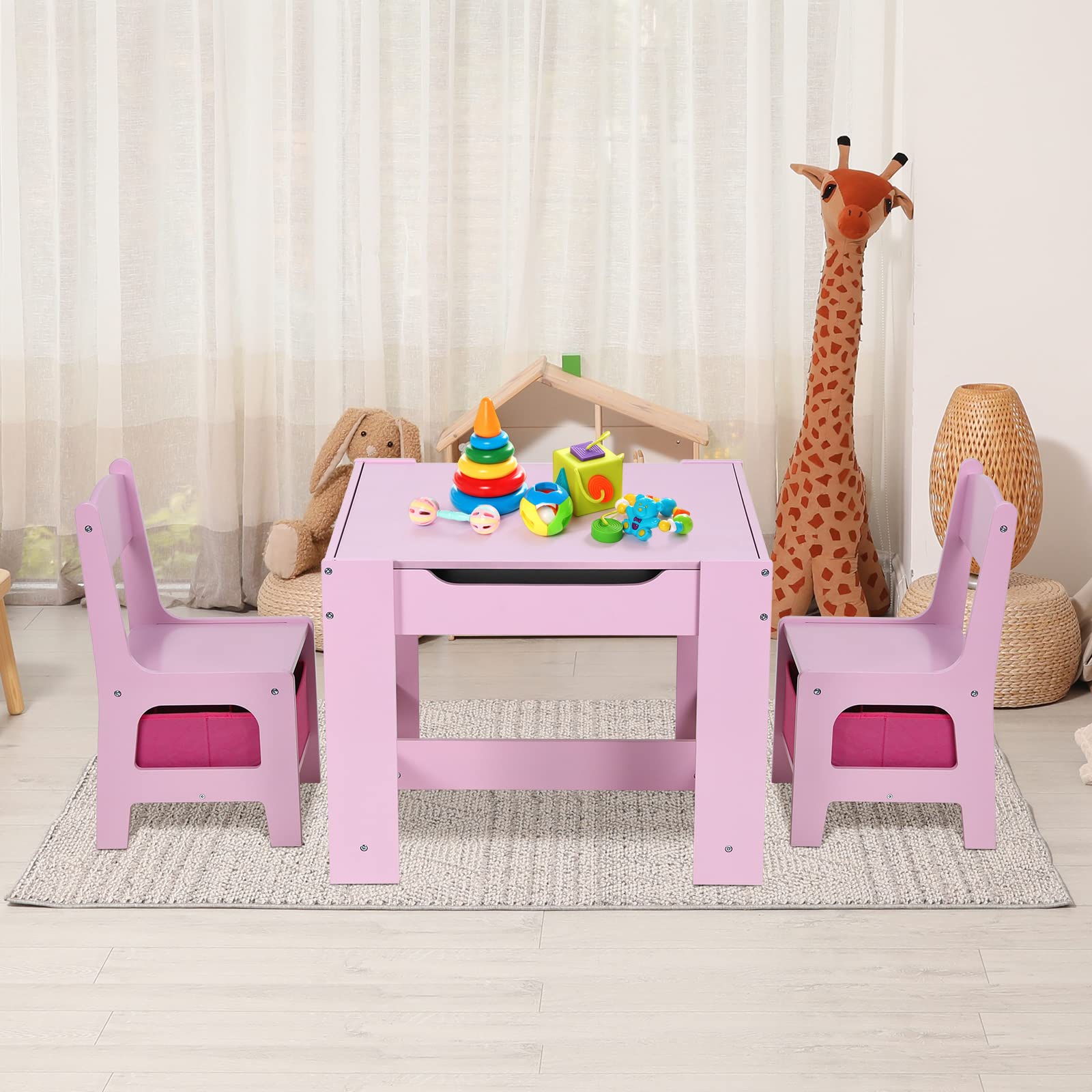 Arlopu Kids Table and 2 Chairs Set, 3-in-1 Wooden Activity Table, w/Detachable Storage Drawer, Drawing Reading Black Board Desk, Art Craft, Playroom, Nursery (Natural)