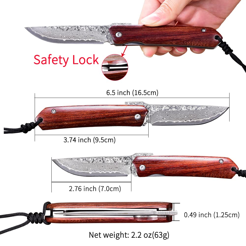 ANLLIS,V29 -aDamascus Steel pocket knife, Hand forged Damascus folding knife, wooden handle outdoor camping and mountaineering multipurpose folding knife, safe lock with scabbard gift knife (RED)