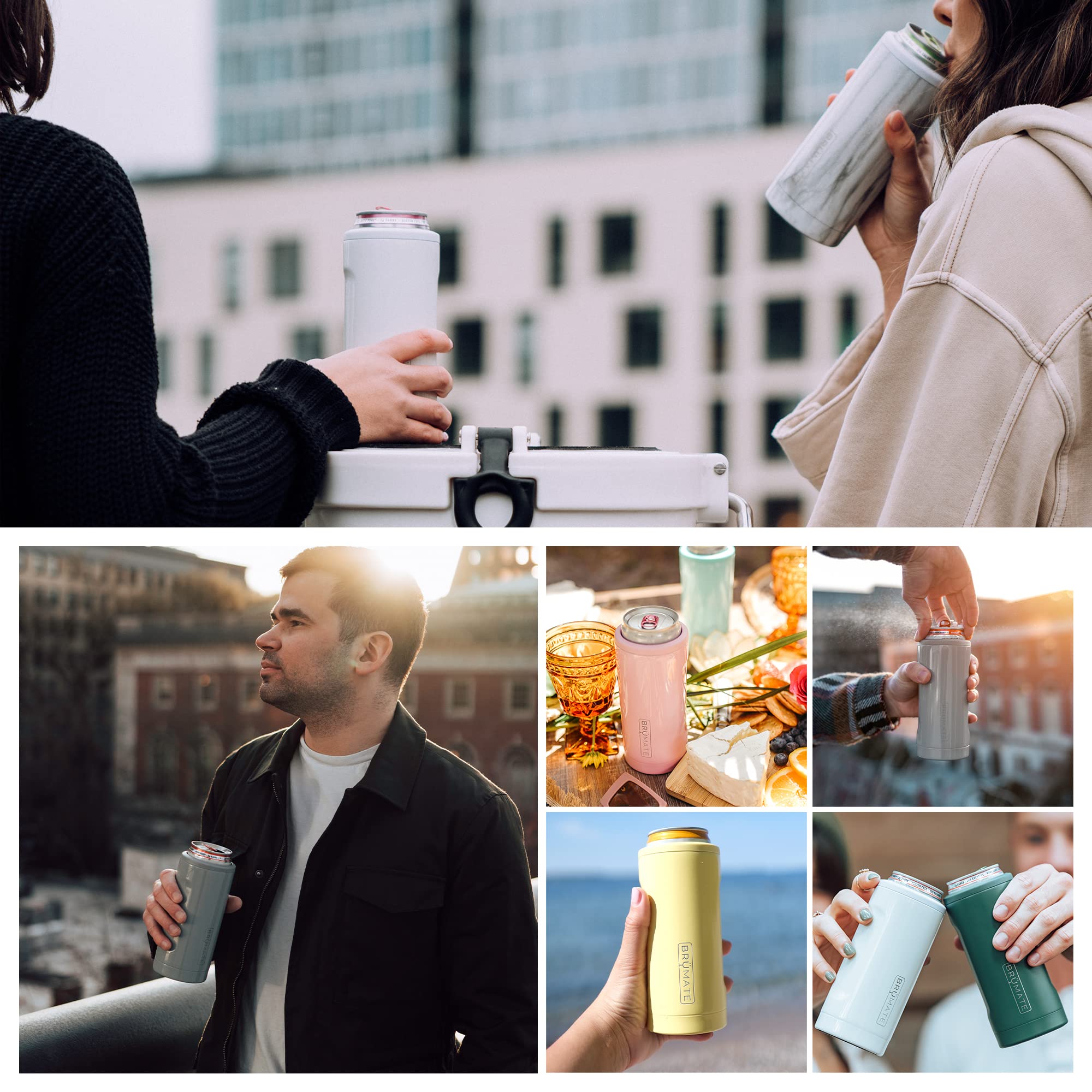 BrüMate Hopsulator Slim Can Cooler Insulated for 12oz Slim Cans | Skinny Can Insulated Stainless Steel Drink Holder for Hard Seltzer, Beer, Soda, and Energy Drinks (Denim)