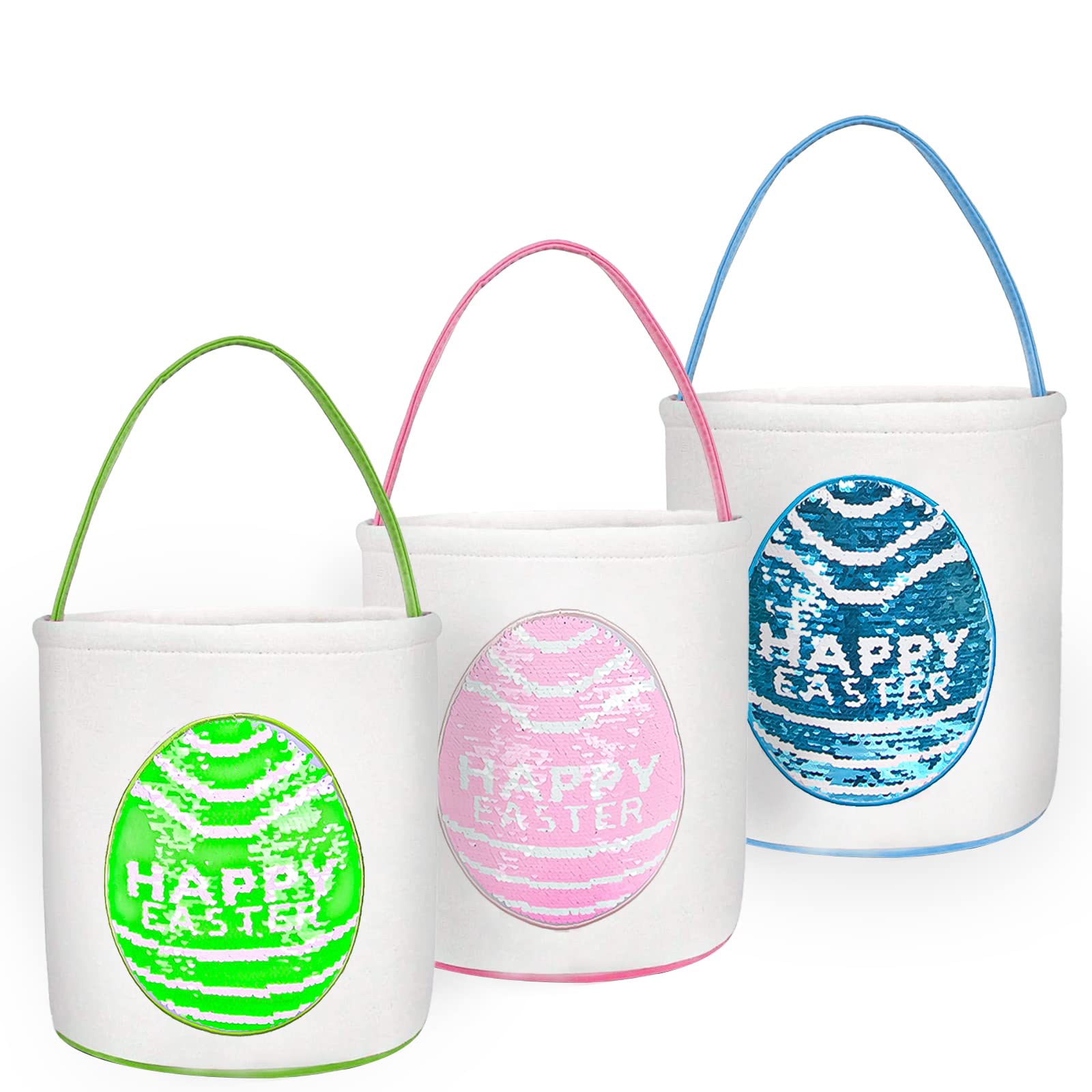 Easter Baskets for Kids, Easter Eggs Hunt Basket, Personalized Basket Canvas Cotton Carrying Gift and Eggs Hunt Bag, Easter Gift Basket for Boys Girls, Candy Buckets, 3 Packs