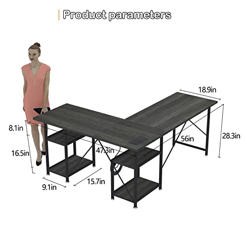 DLIUZ L Shaped Desk with Drawers,Computer Desk is Reversible Corner Large Gaming pc Table with USB Charging Port and Power Outlet,Long Writing Study Table with Shelve
