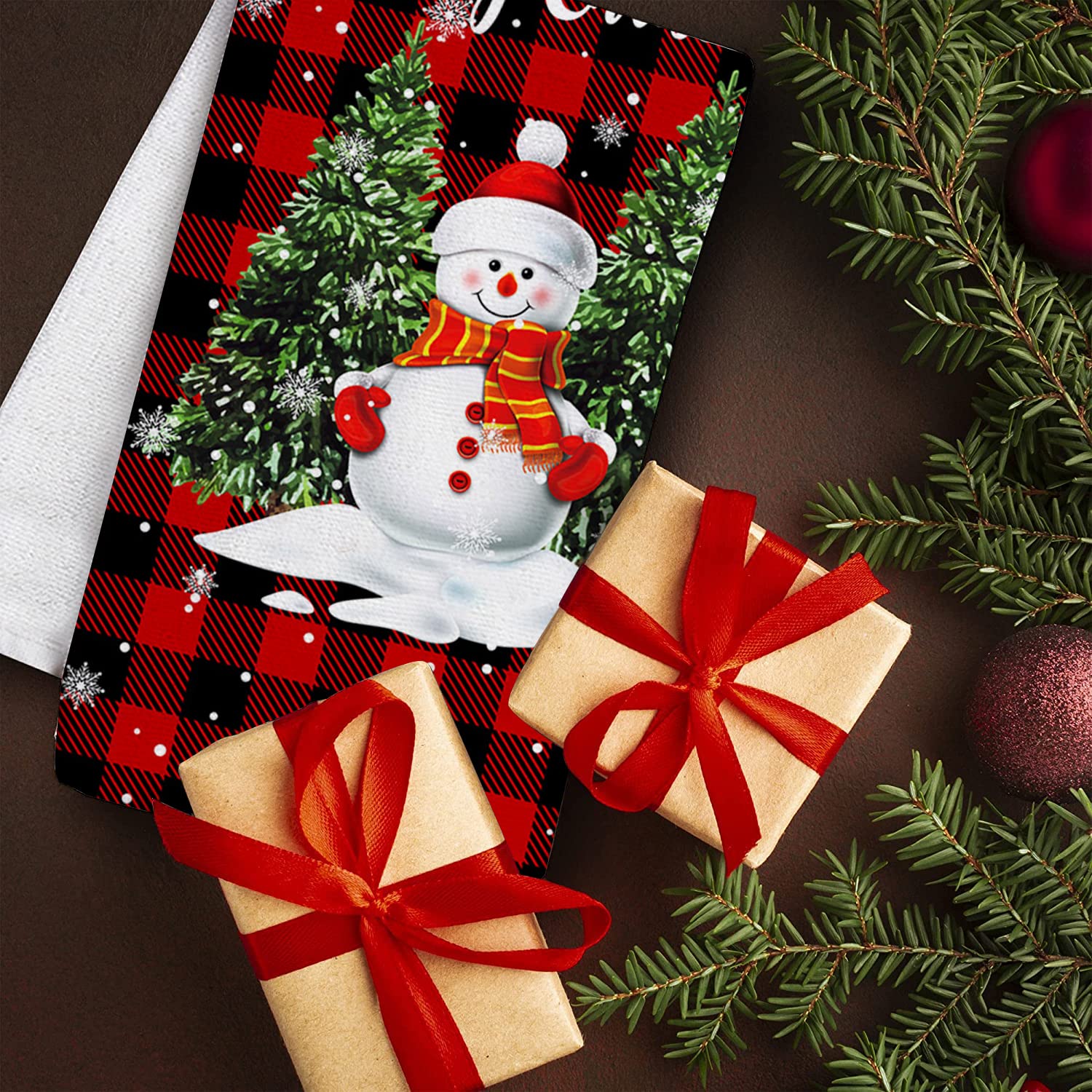 Beisseid Christmas Kitchen Dish Towels Snowman with Xmas Tree Dish Cloth Fingertip Bath Towels Cloth Red Buffalo Plaid Check Hand Drying Soft Cotton Tea Towel Set 18x28in 2PCS