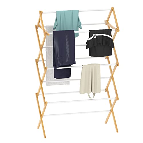 Disracker Folding Clothes Drying Rack Collapsible Bamboo Hanging Clothes Rack Portable Laundry Racks for Drying Clothes with Metal Rod 35 Inch