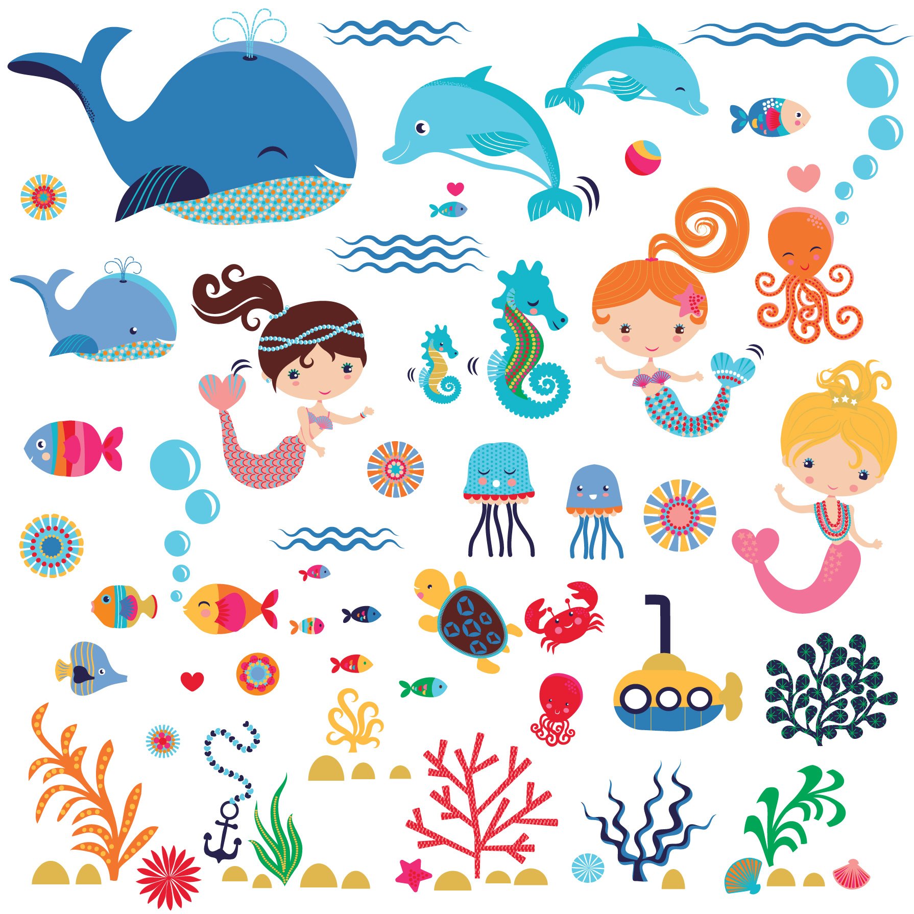 Playful Mermaids Decorative Peel & Stick Wall Art Sticker Decals for Kids Room Girls Room Nursery