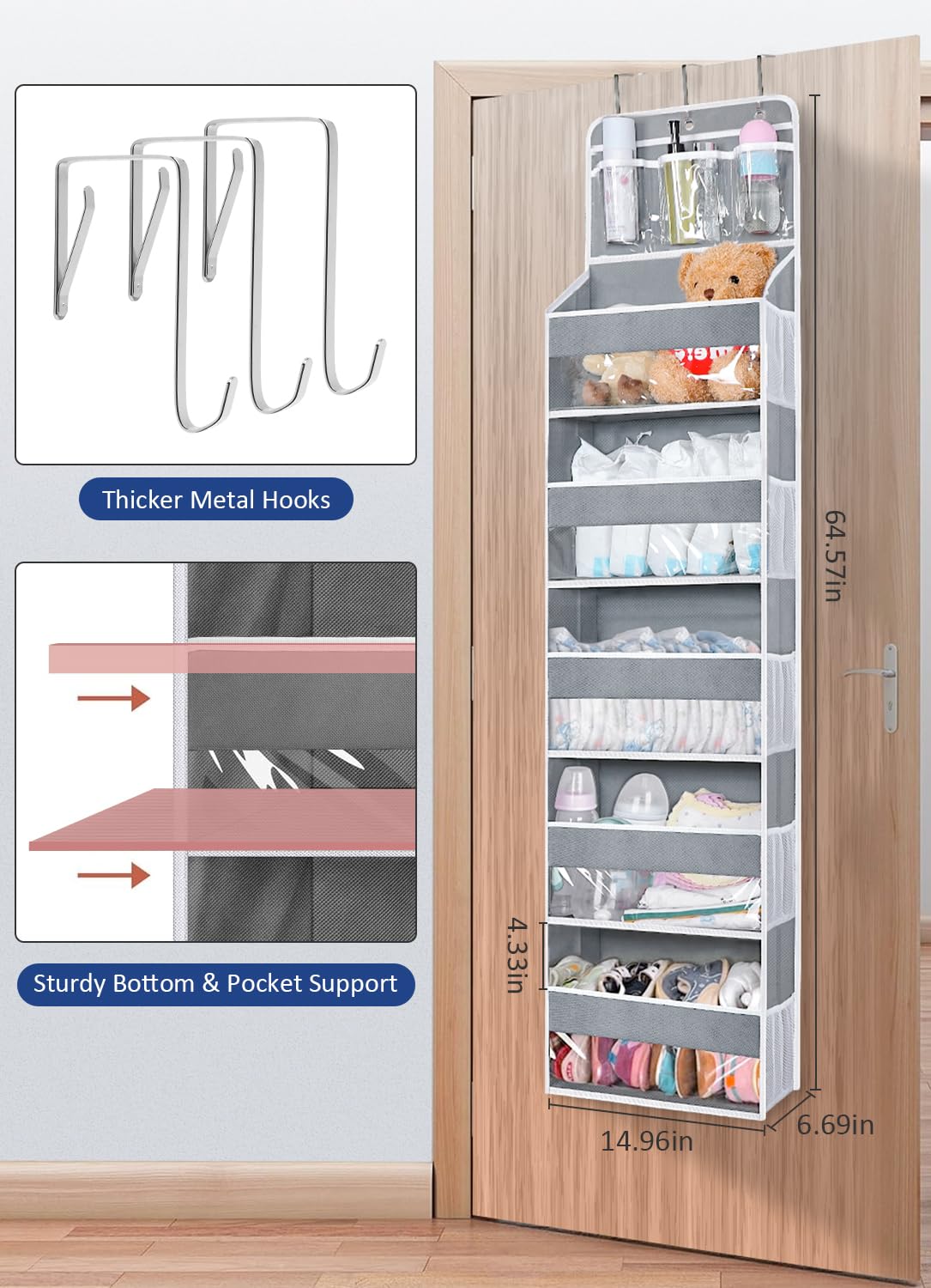 BLOROOM Over the Door Organizer Hanging Storage with 3 clear slip pockets and 5 Large Pockets 10 Side Pockets Closet Door Organizer Heavy Duty Baby Organization for Bathroom,Pantry,Bedroom,Nursery