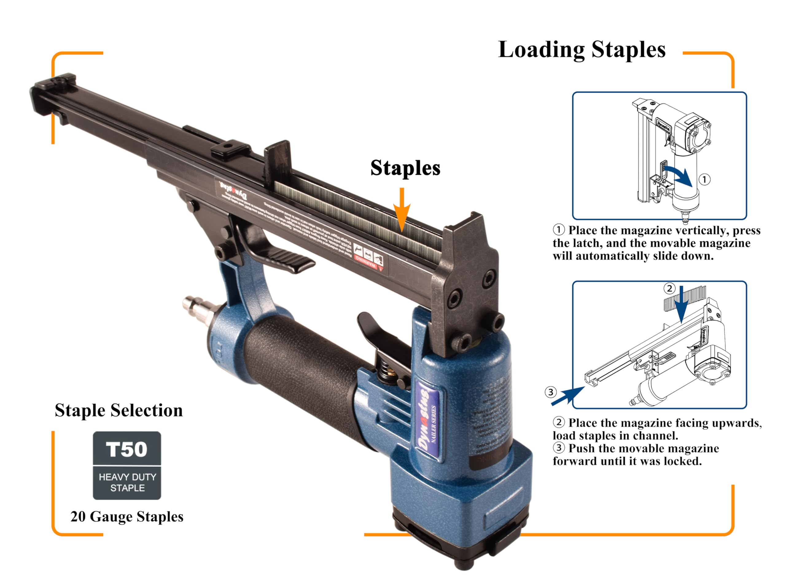 Dynastus 20 Gauge Pneumatic Heavy Duty Stapler T50 3/8Inch Crown Air Staple Gun with 1000 Staples