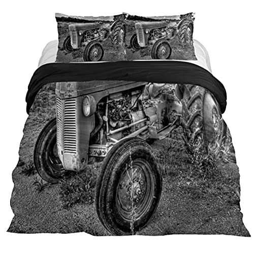 Duvet Covers Set King Size Old Farm Tractor - Soft and Breathable Microfiber Comforter Bedding Set with Zipper Closure for Kids Women Men, 1 Duvet Cover 2 Pillowcase