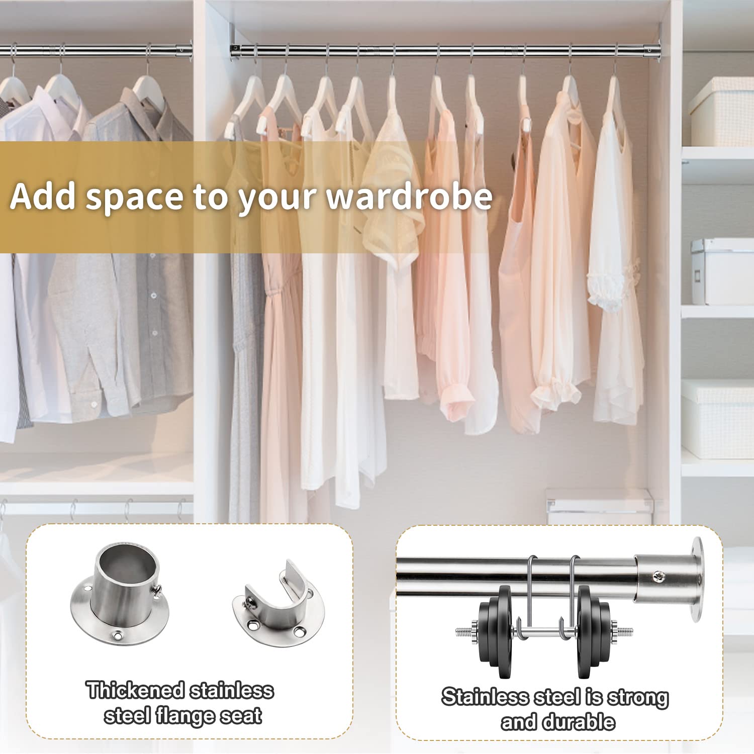 Closet Rod for Hanging Clothes, 28 to 50 Inch Adjustable Extender Closet Hanging Rods, Heavy Duty Tension Metal Extender Closet Pole for Wardrobes(Stainless Steel Silver)