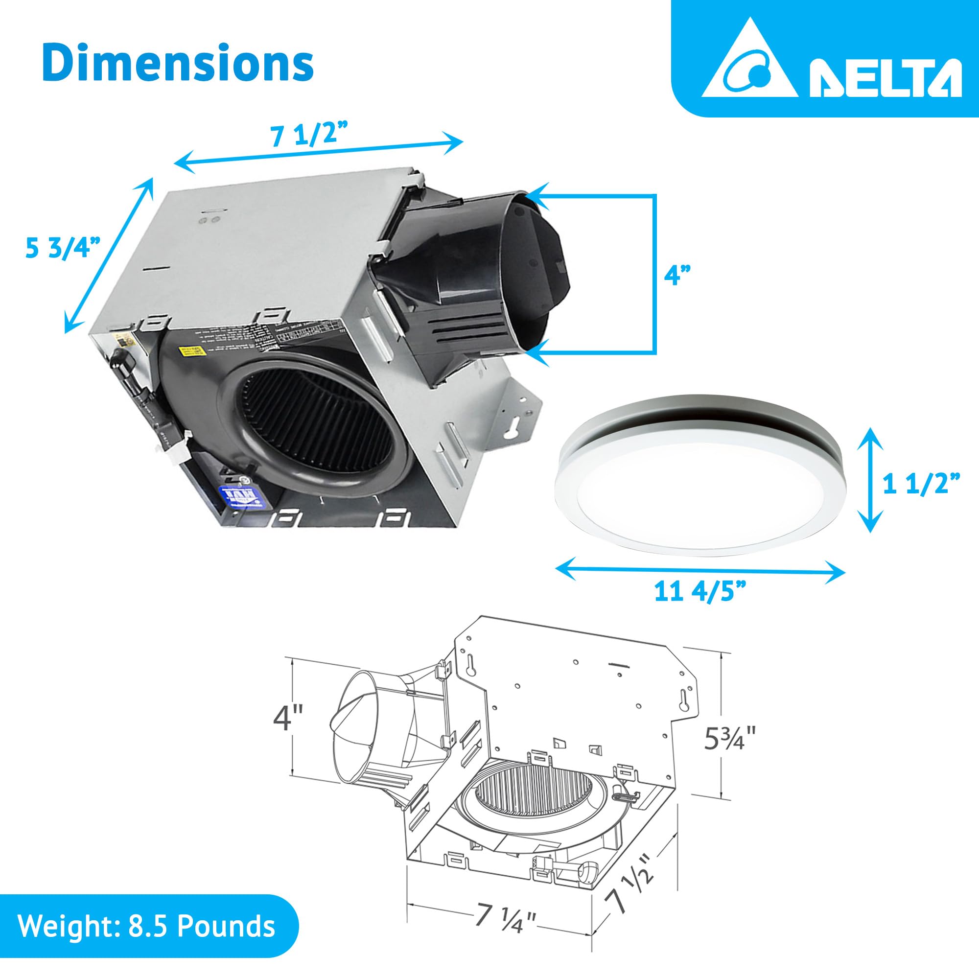 Delta Breez Integrity 100 CFM Exhaust Bath Fan, LED Edge-Lit Flat Round Panel Light, Energy Efficient Quiet Operation Ceiling Mount Motor, White