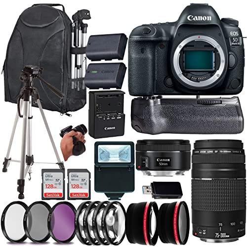 Canon EOS 5D Mark IV DSLR Camera Canon EF 50mm f/1.8 STM+Canon EF 75-300mm f/4-5.6 III Lens 128 Gig SD Card+Backpack (23PC Kit)