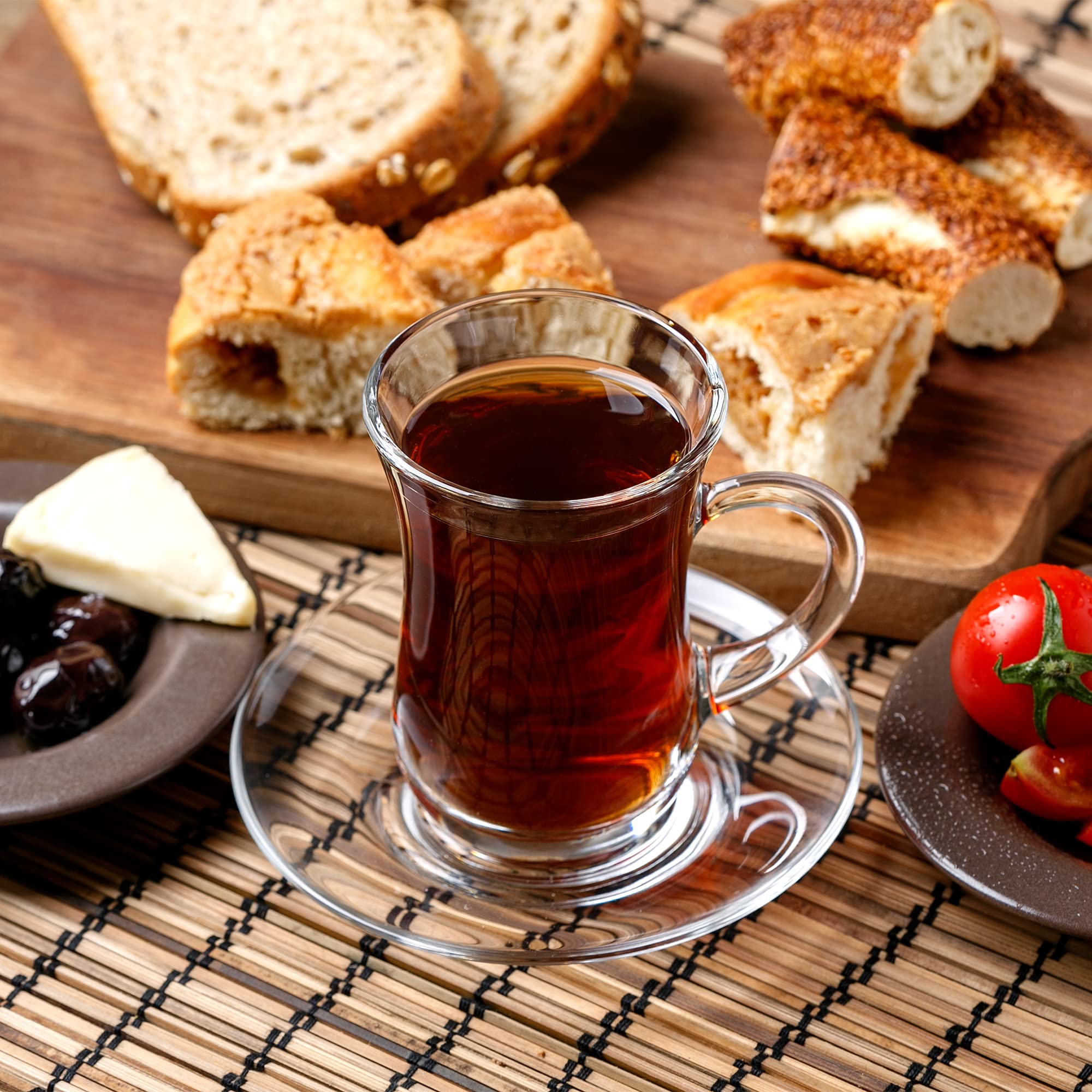 Volarium Small Turkish Tea Set 12 Piece Modern Turkish Tea Glasses & Saucers Set, 6 PCs 4.9 oz (145 cc) Clear Glass Tea Cups with Handle and 6PCs Glass Saucers