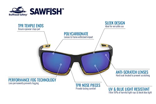 Bullhead Safety Sawfish Polarized Safety Glasses with Performance Fog Technology, Blue Light Glasses with UV Light Protection and Anti-Scratch Coating, Blue Mirror Lenses, Tortoise/Black Frame