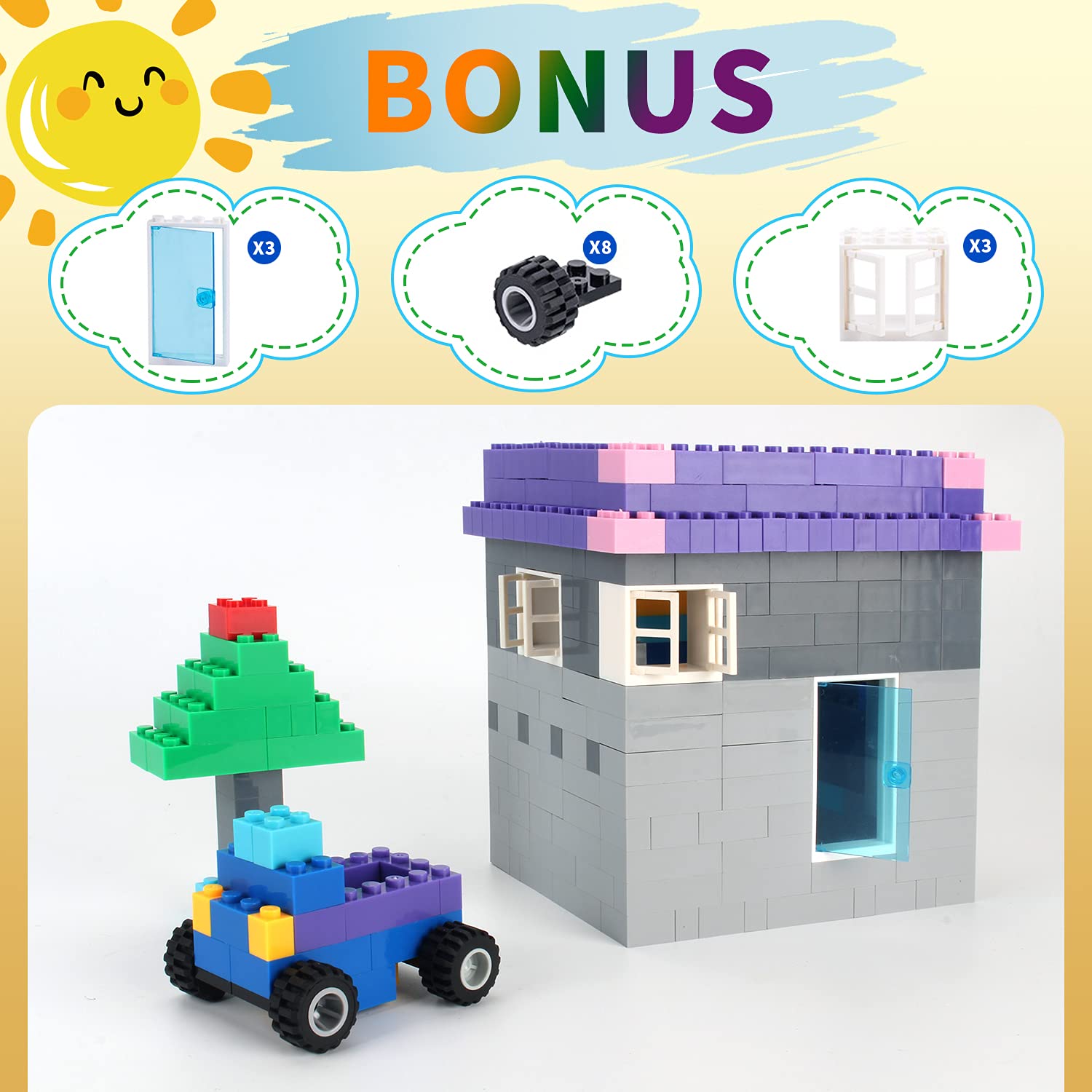 GARUNK Building Bricks 1000 Pieces, Classic Building Blocks for Kids Educational Toys with Wheel, Tire, Axle, Window, Doors Compatible with All Major Brands for Ages 3+ 4 5 6 7 8 Year Old Boys Girls