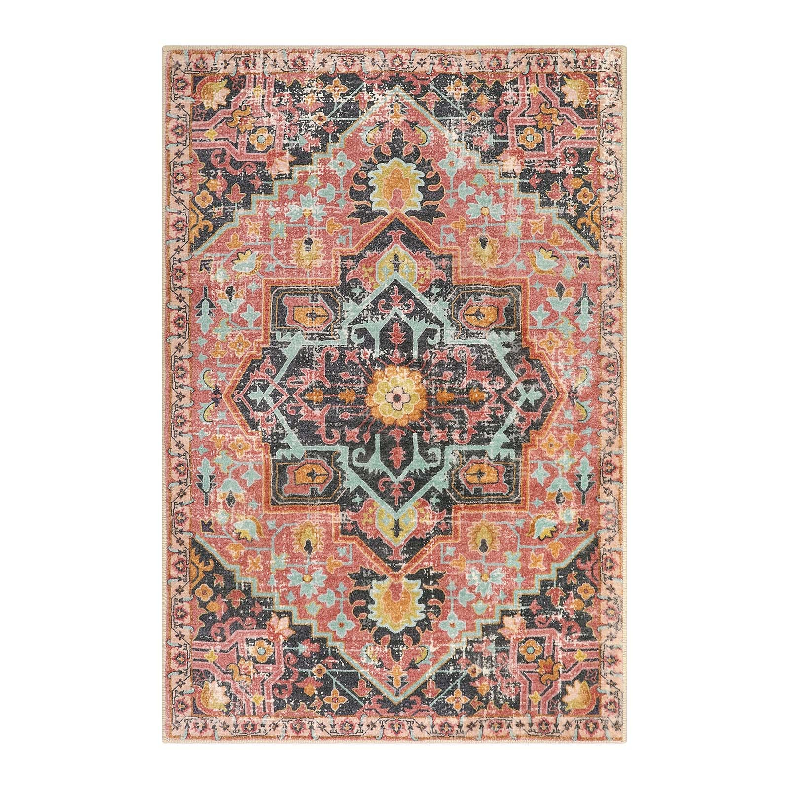 Lahome Washable Hot Pink Kitchen Rugs 2x3 Small Entryway Rug, Bathroom Rugs Non Slip, Bohemian Floral Soft Rubber Backing Low-Pile Indoor Printed Throw Floor Carpet for Bedside Laundry Door