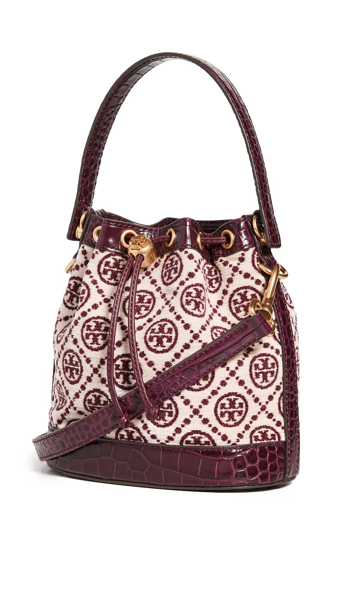 Tory Burch Women's T Monogram Chenille Bucket Bag, Claret/New Cream, Red, Graphic, One Size