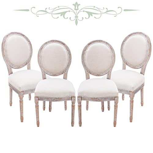 COLAMY French Country Dining Chairs Set of 4, Upholstered Farmhouse Dining Room Chairs with Round Back, Solid Wood Legs, Accent Side Chairs for Kitchen/Living Room/Bedroom- Light Beige