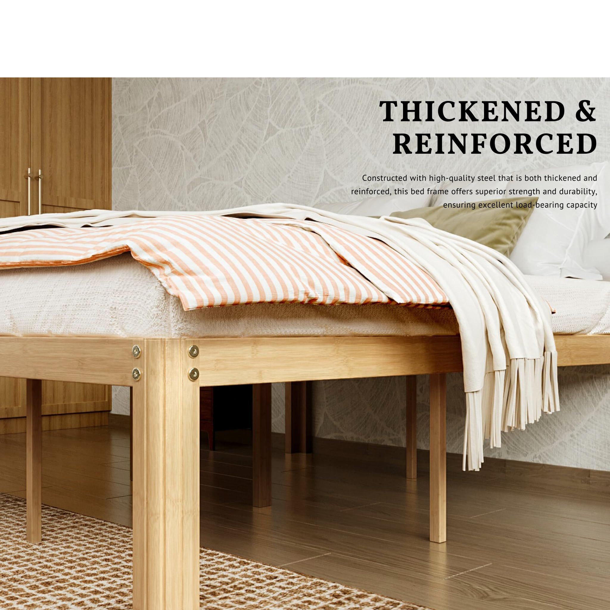 BOSRII Serenity Series Bamboo Grain Full Size Bed Frame, Thickened and Reinforced Heavy Duty Steel Structure with 4000 LBS Support,14 Inches High No Box Spring Needed, Easy Assembly