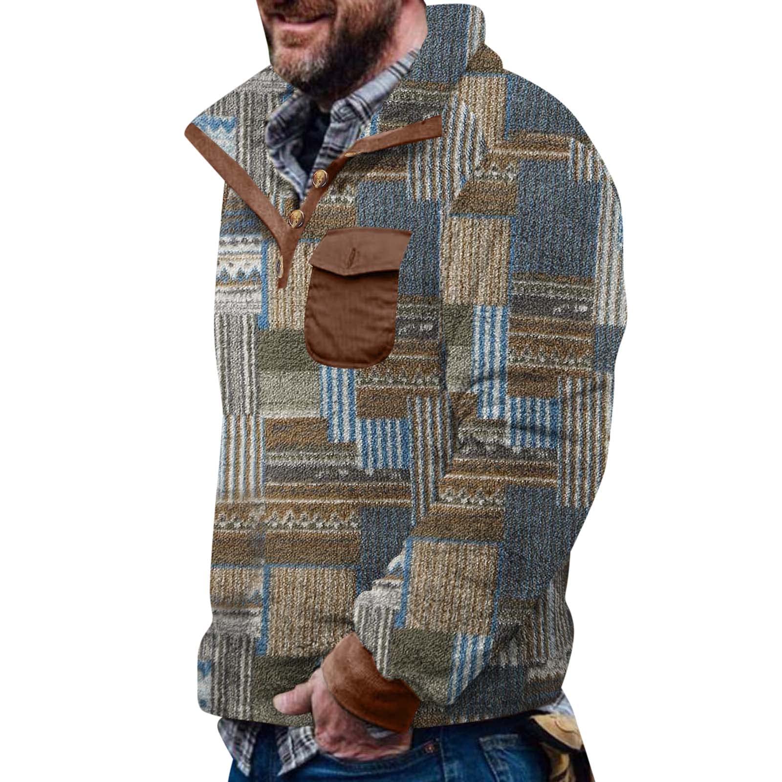 Askelly Men's Tribal Aztec Printed 1/4 Zip Fuzzy Sherpa Pullover Sweatshirts Hoodies B-c-khaki X-Large