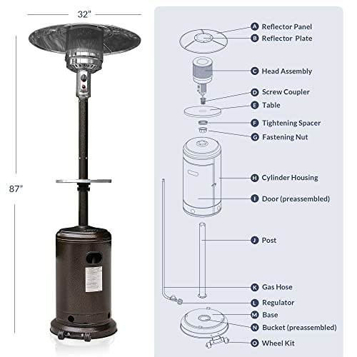 BELLEZE 48,000 BTU Gas Outdoor Patio Heater with LP Propane Heat, Wheels For Smooth Mobility & Double-Sided Waterproof Cover (Sand), CSA Certified - Bronze