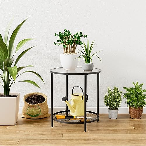CADANI End Table, Glass Side Table with Open Storage, 2-Tier Black Accent Table with Sturdy Metal Frame, Modern Round Coffee Table for Living Room, Bedroom, Balcony, Patio