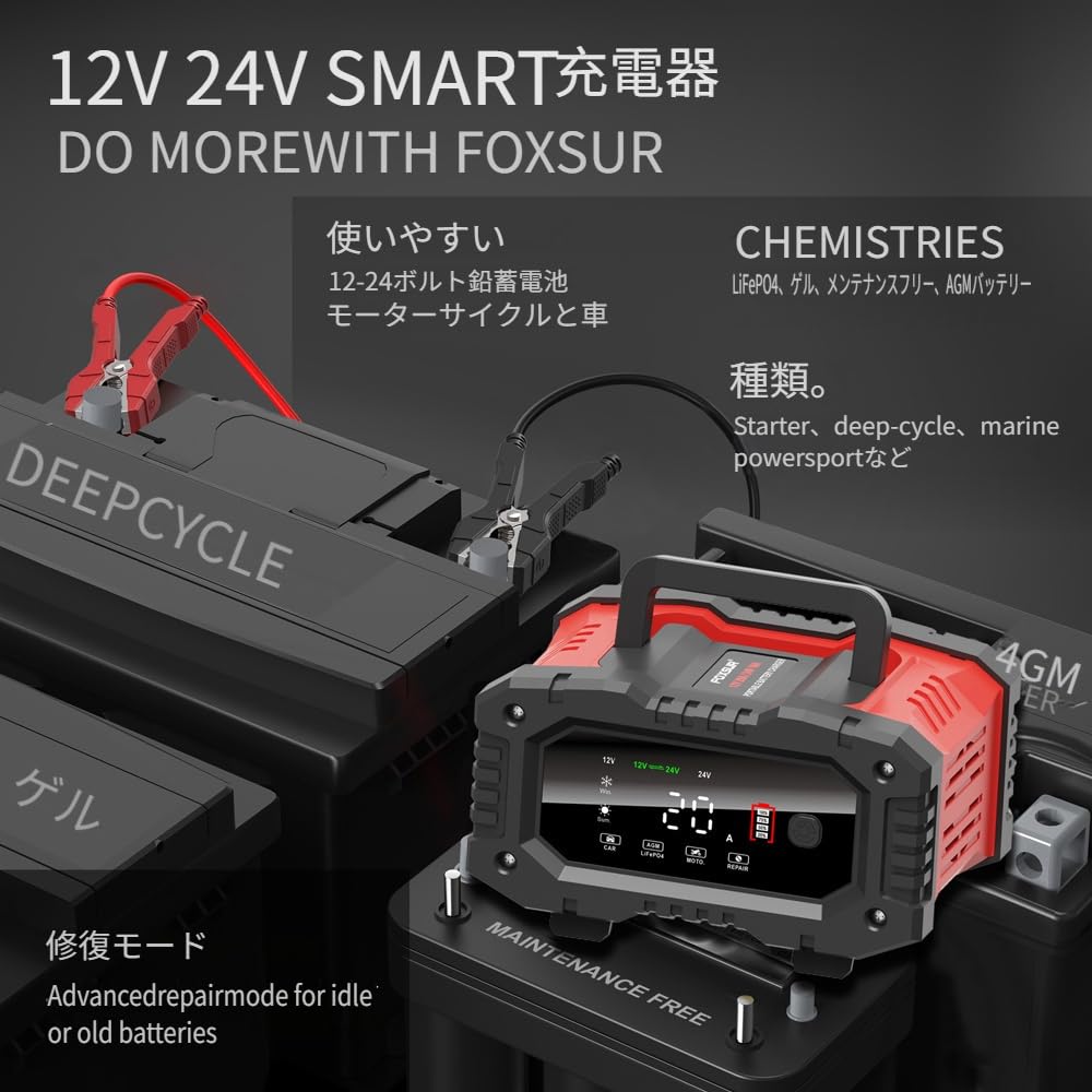 ATian Smart Battery Charger 12V/20A 24V/10A Automatic Battery Maintainer Auto-Volt Detection ,with LDC Display Tester for Car Motorcycle Lawn Mower AGM GEM Lead Acid Batteries (Red)