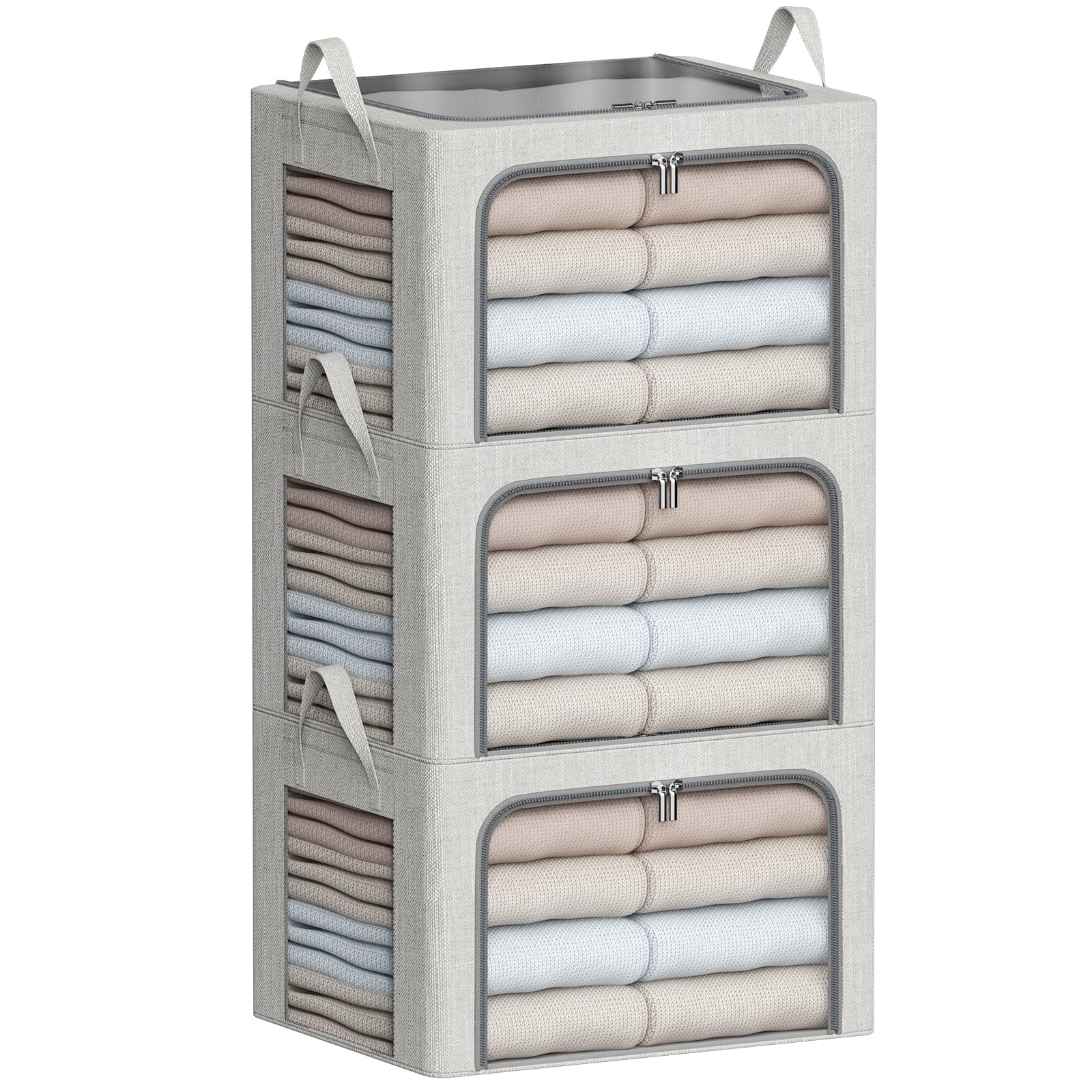 Clothes Storage Bins with Metal Frame-3 Pack Foldable Storage Organizer Bin for Clothes Linen Fabric Storage Box with Lid &Clear Window (Light Grey, 15.7x11.8x7.8inch(22L))